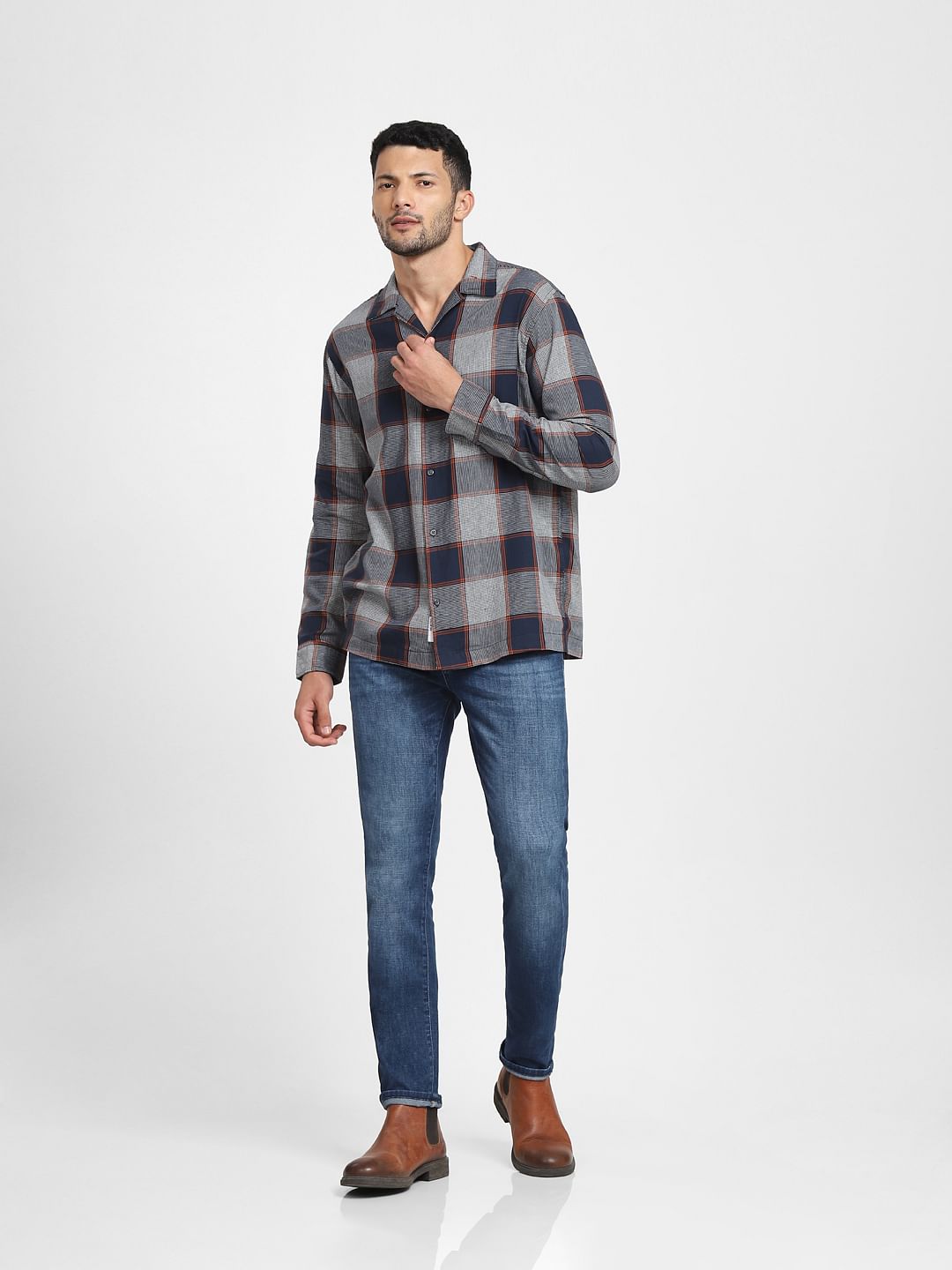 Buy Blue & Grey Check Full Sleeves Shirt for Men Online