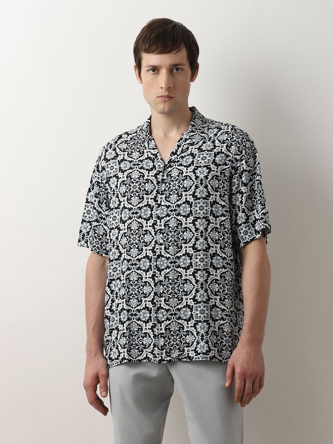 Buy Blue Printed Cuban Collar Short Sleeves Shirt for Men Online
