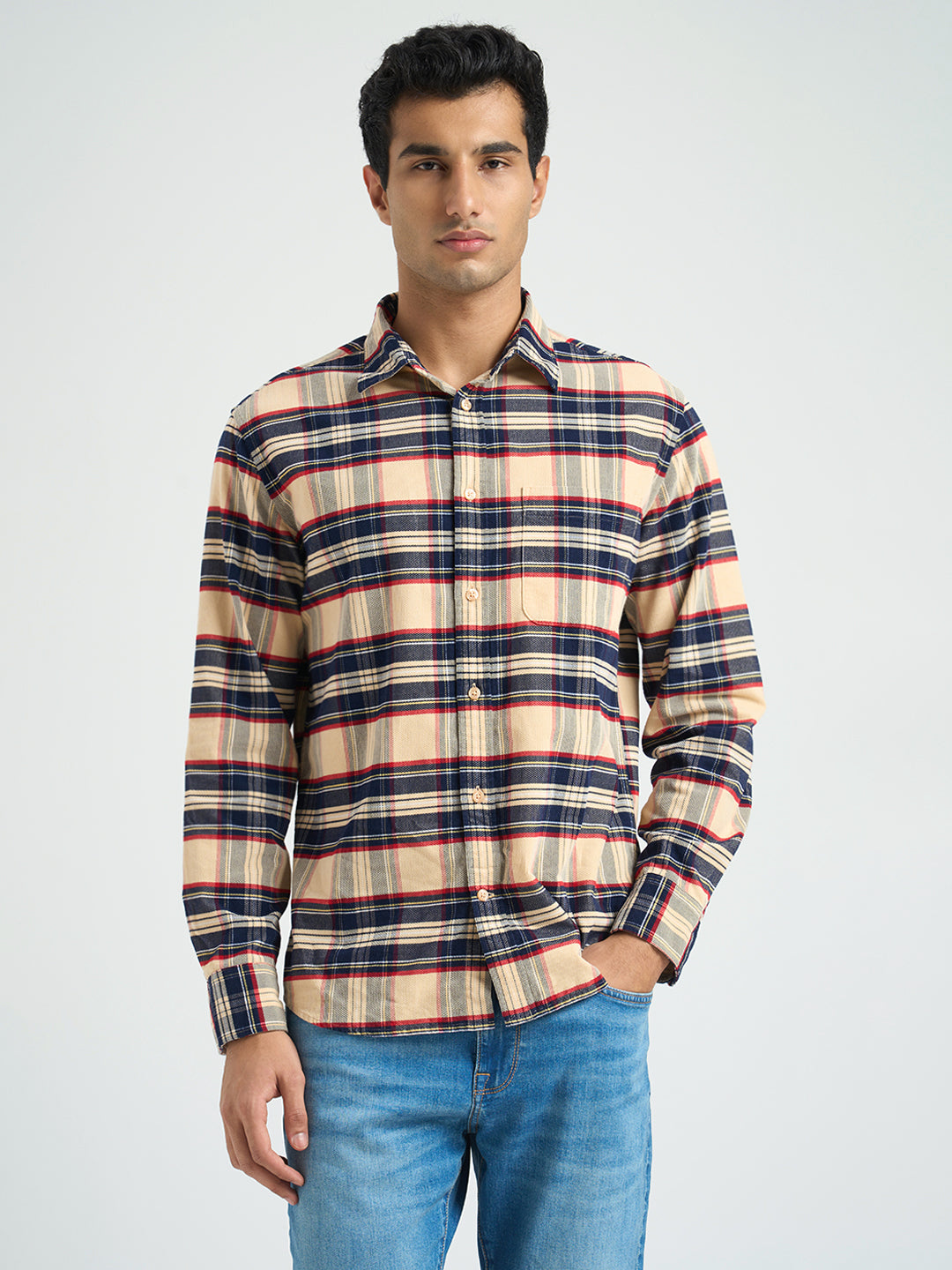 Buy Beige Cotton Check Shirt for Men Online